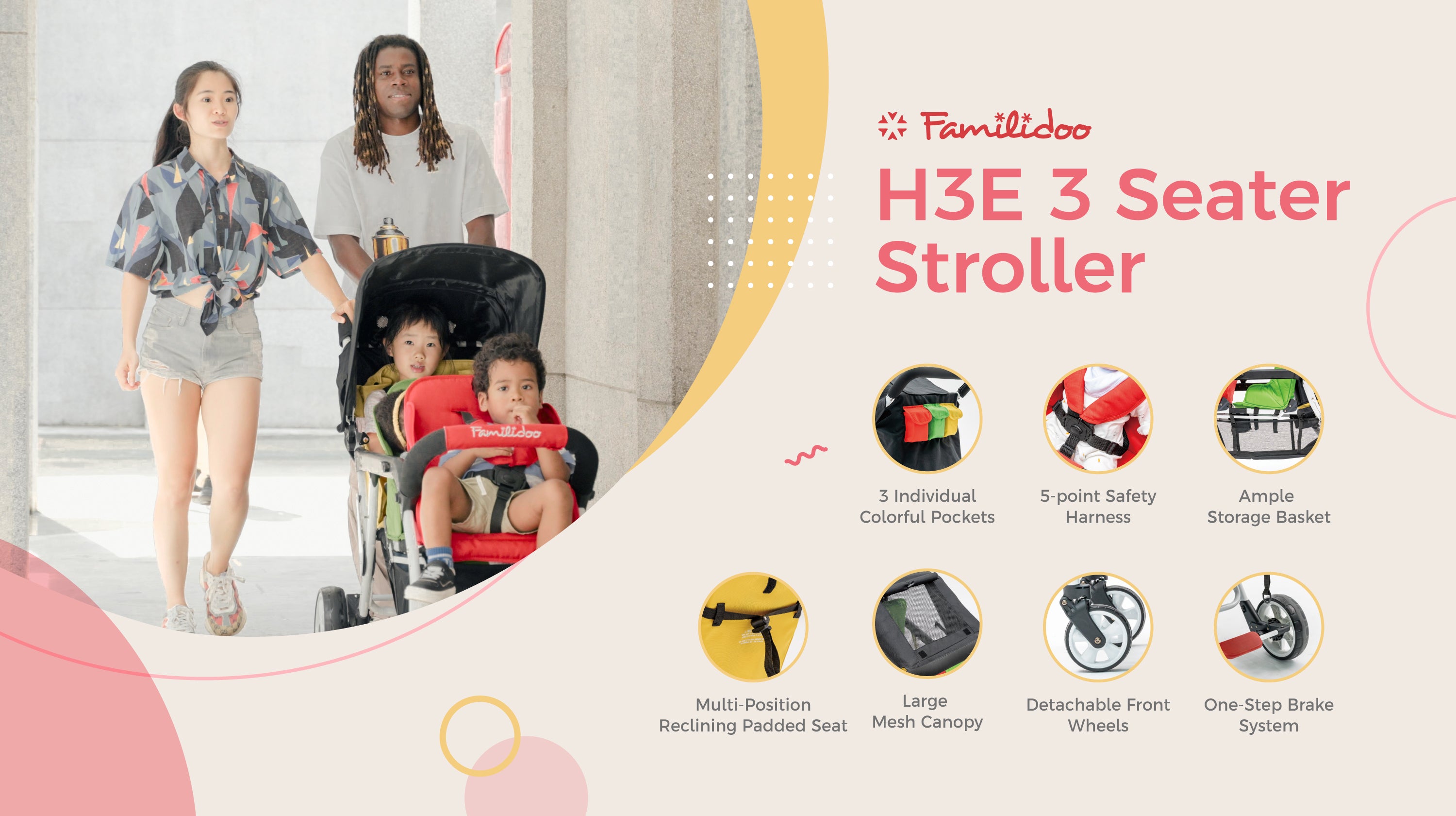3 Seat Stroller for Triplet with Infant Seat (H3E) Daycare Strollers f ...